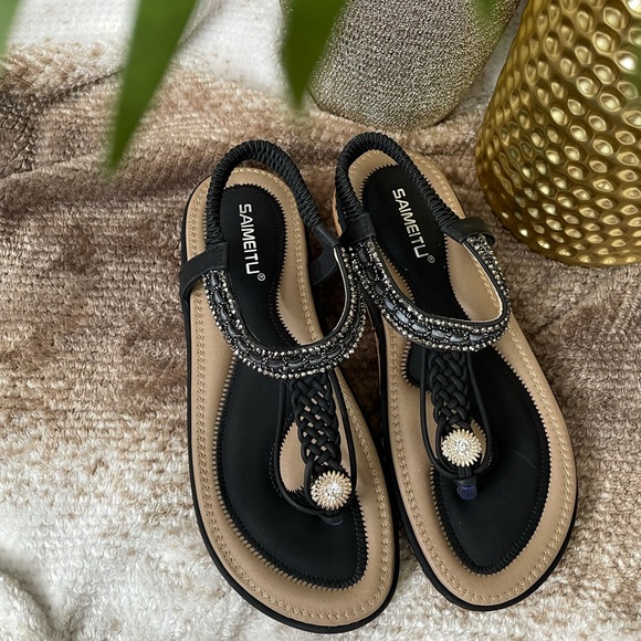 Saimeitu | Shoes | Black Beaded Slingback Thong Sandals | Poshmark